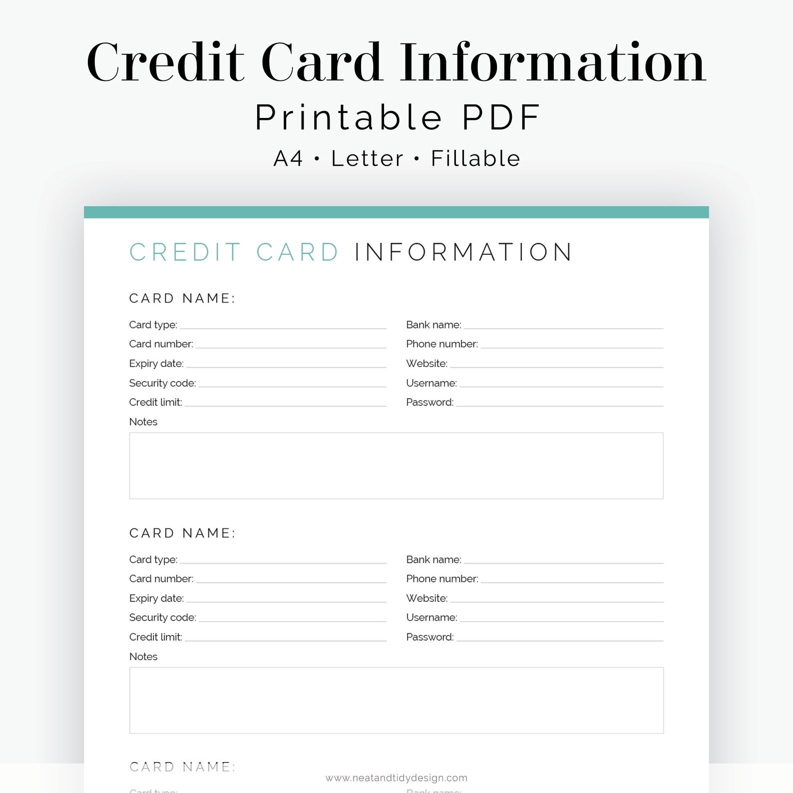 Credit Card Information - Fillable - Printable PDF - Finance Planner ...