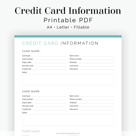 Credit Card Information Fillable Printable PDF Finance - Etsy