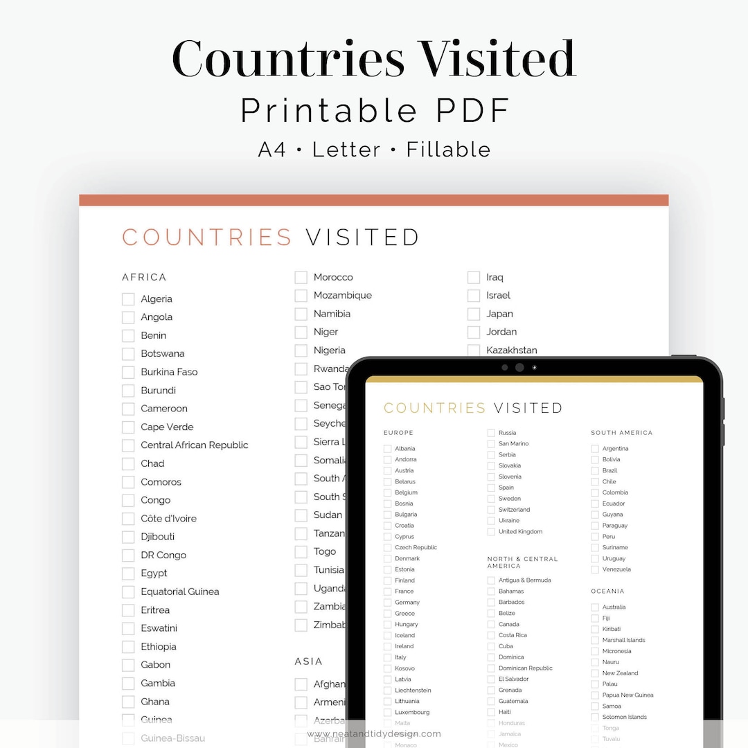 Countries Visited Checklist - Fillable - Travel Planner, Vacation ...