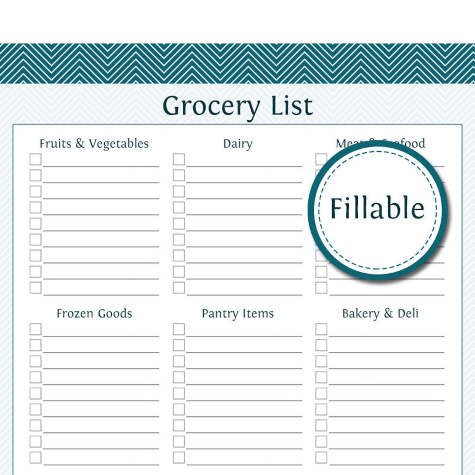 Grocery Shopping List with Categories Fillable Printable | Etsy