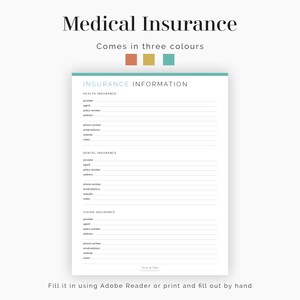Medical Insurance Information - Fillable - Health & Medical Log ...