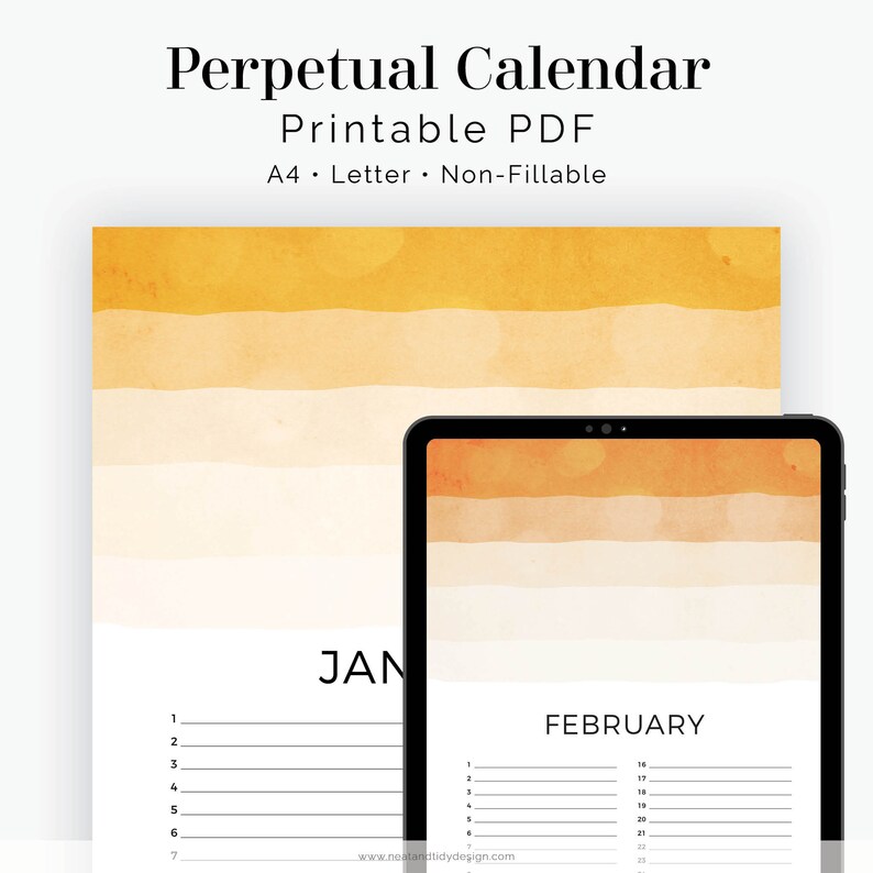 Printable Perpetual Wall Calendar (colourful Gradient) - Printable PDF ...