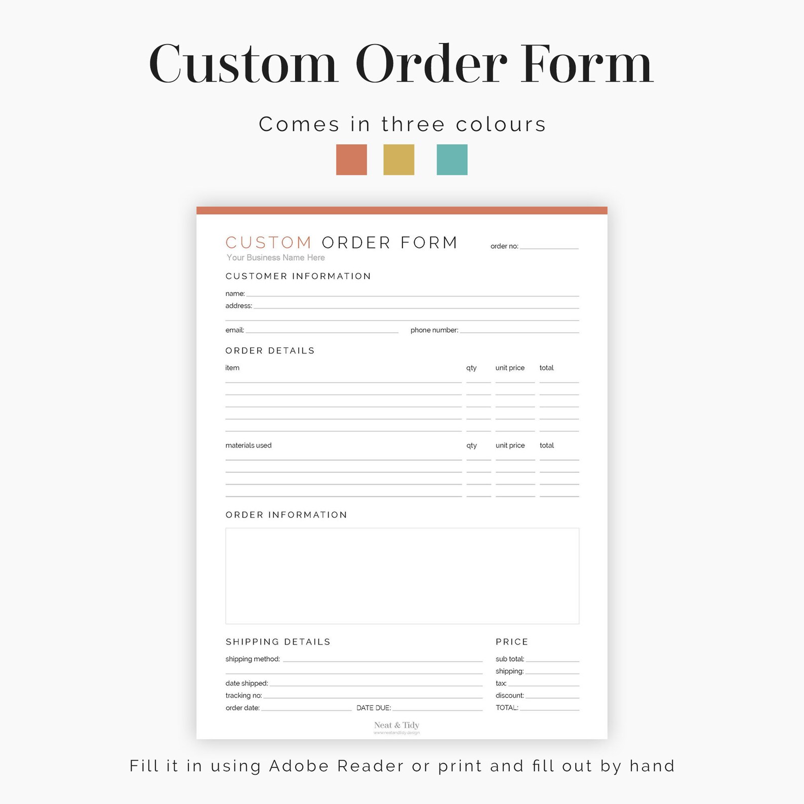 Custom Order Form Fillable Business Planner Printable Organizational ...