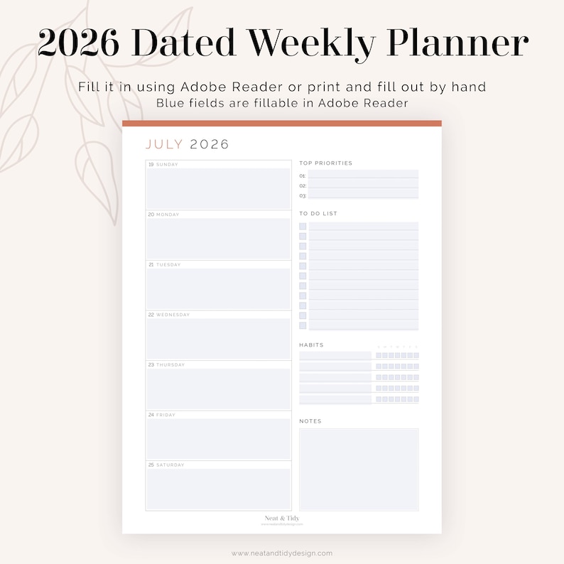 2026 Weekly Dated Planner, Fillable and Printable PDF - 2026 Weekly ...