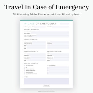 In Case of Emergency - Fillable - Travel Planner, Vacation Planner ...