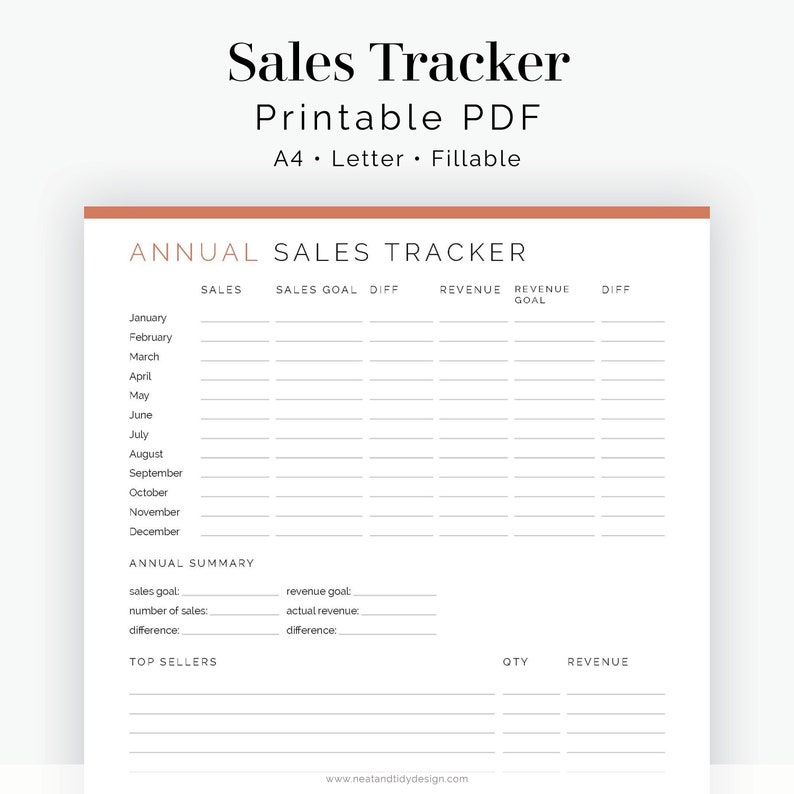 Sales Tracker (annual & Monthly) - Fillable - Printable PDF - Business ...