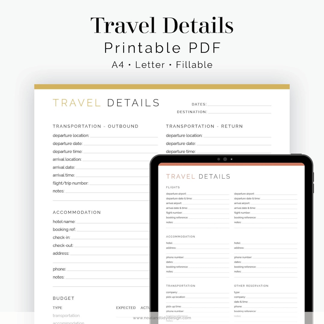 Travel Details - Fillable - Travel Planner, Vacation Itinerary Planner ...