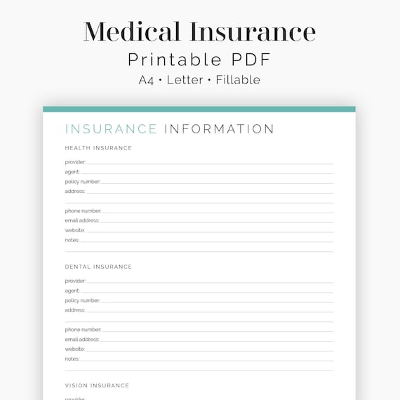 Medical Insurance Information Fillable Health & Medical - Etsy