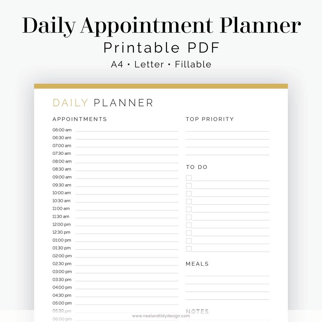 Daily Appointment Planner - Fillable - Printable PDF - Time Management ...