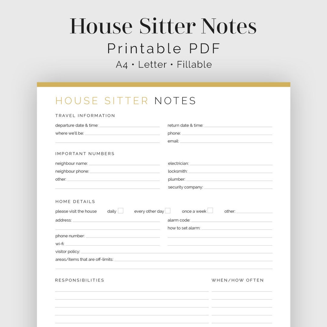 House Sitter Notes - Fillable - Printable PDF - Household Management ...