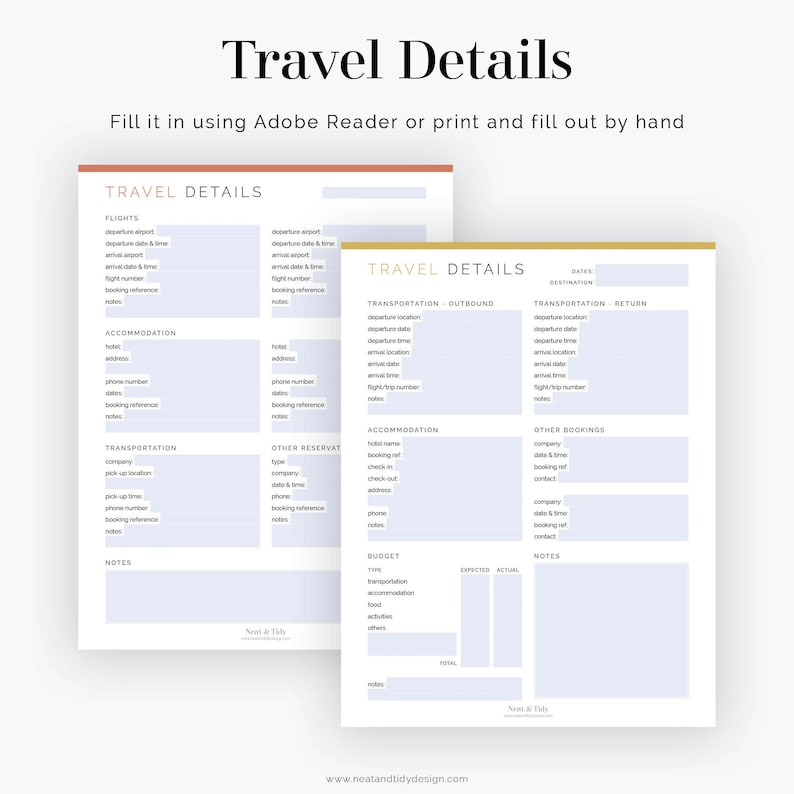 Travel Details - Fillable - Travel Planner, Vacation Itinerary Planner ...