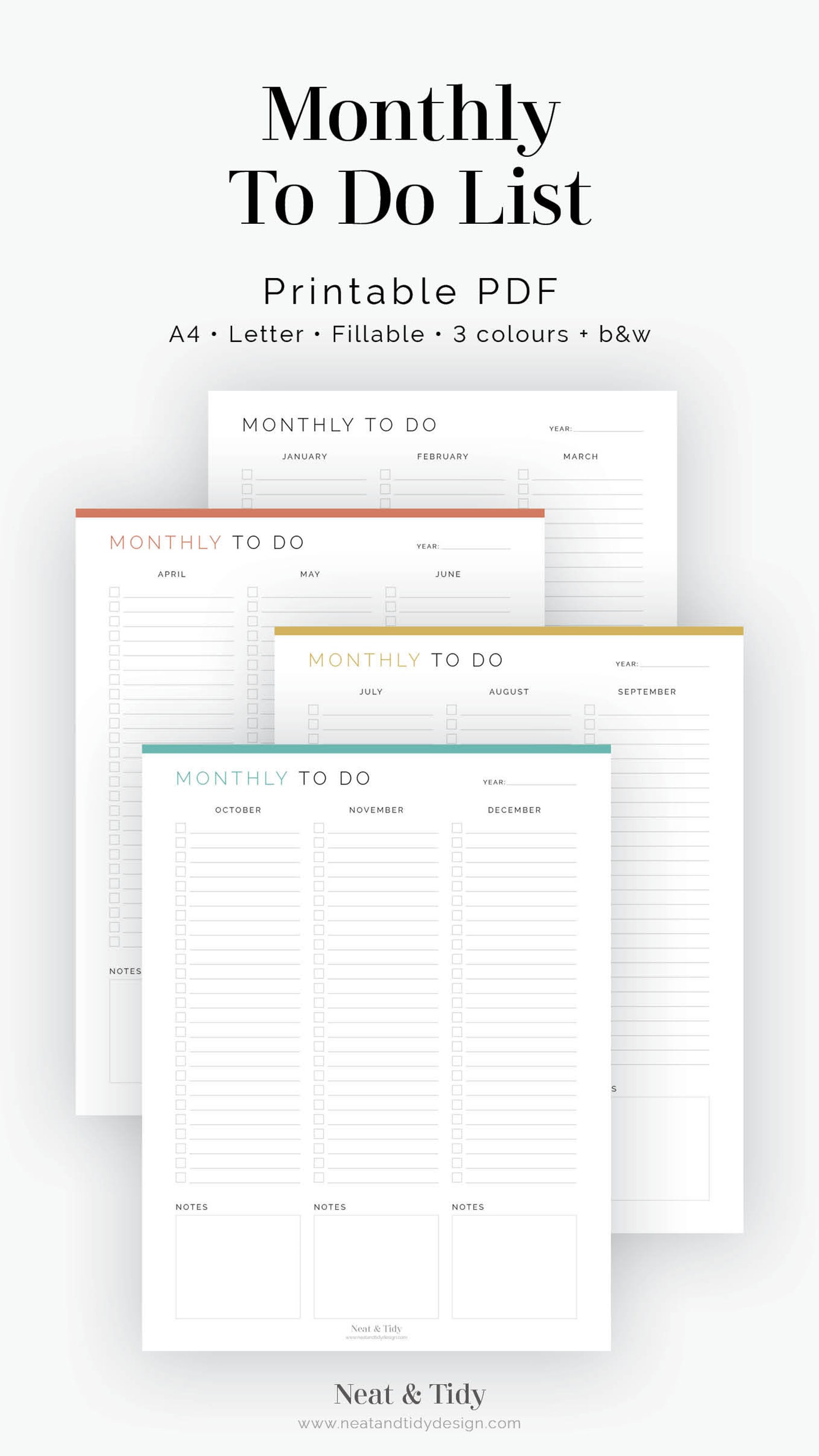 Monthly to Do List V3 Fillable Printable PDF Task - Etsy