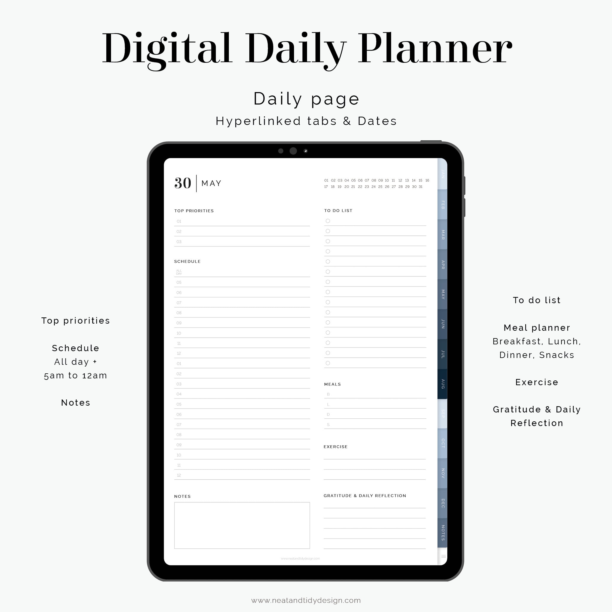 Digital Daily Planner for Goodnotes portrait Hyperlinked Tabs Blue iPad ...
