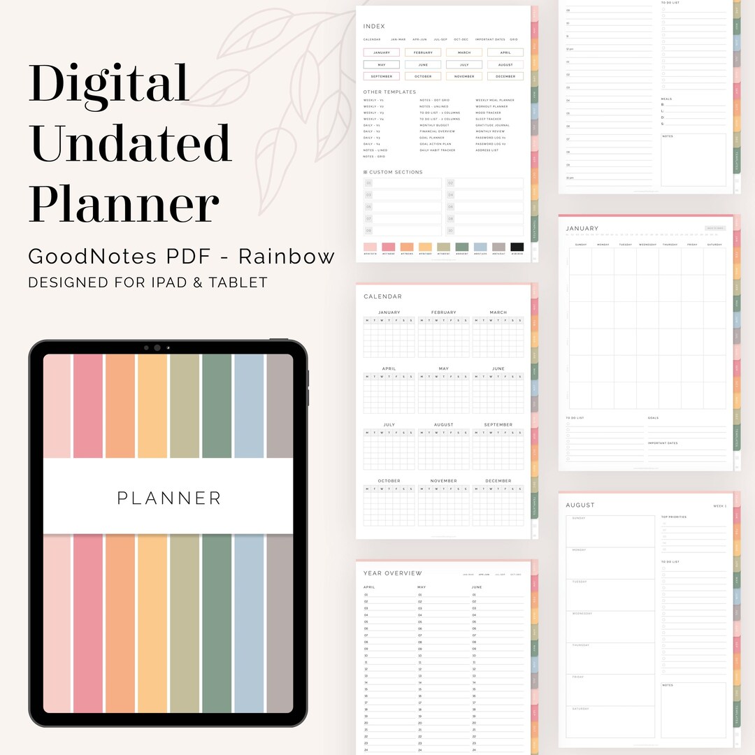 Digital Undated Planner (rainbow) for Goodnotes | Hyperlinked, Portrait ...