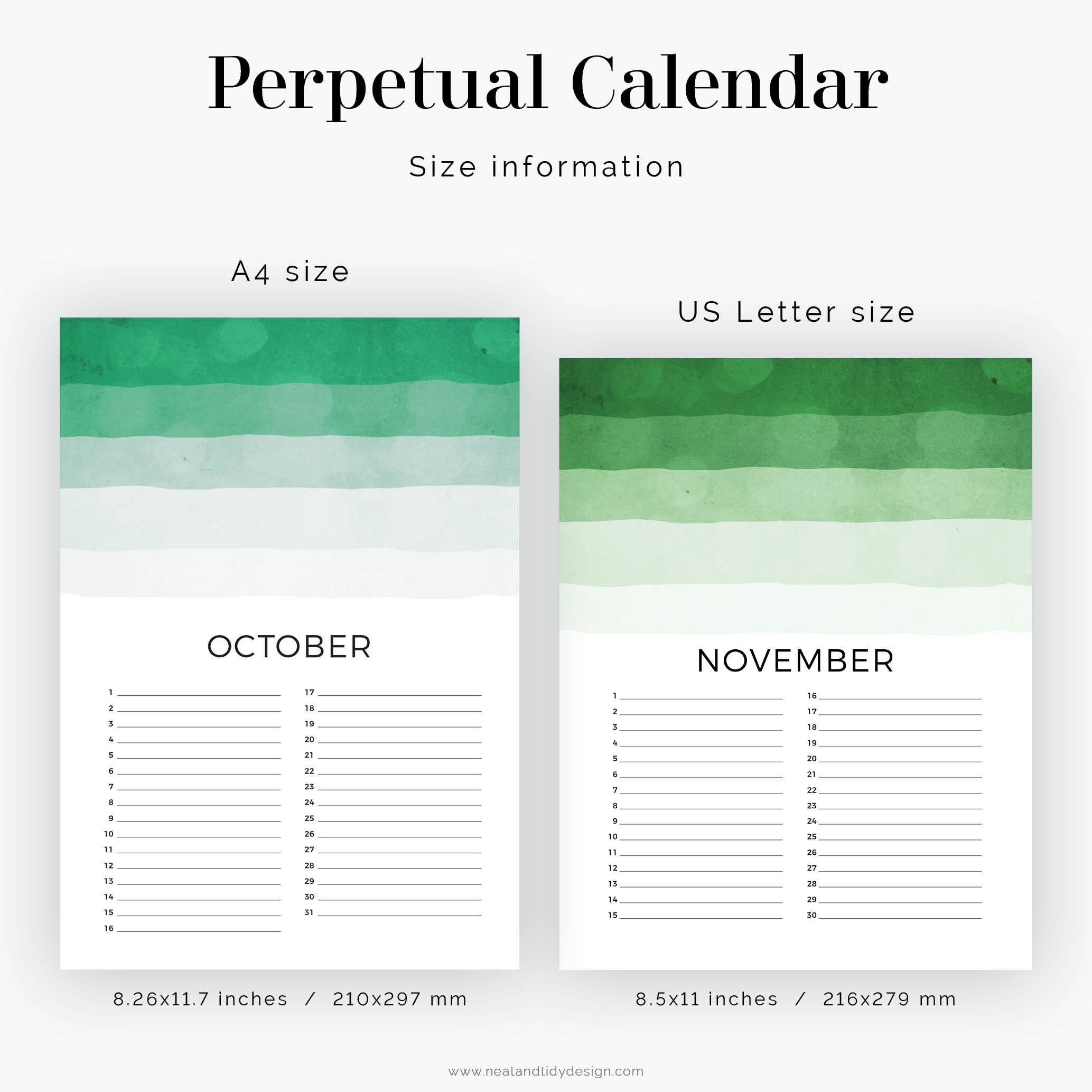 Printable Perpetual Wall Calendar (colourful Gradient) - Printable PDF ...