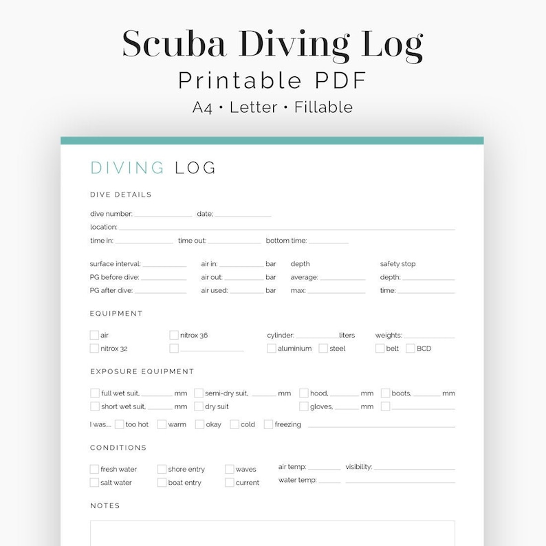 Scuba Diving Log - Fillable - Divers Log Book - Printable ...