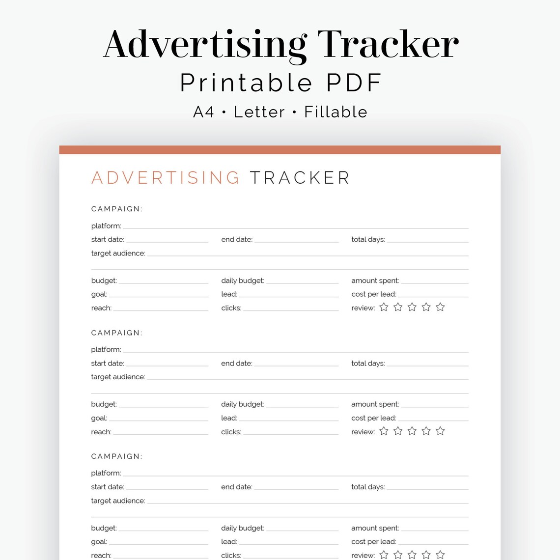 Advertising Tracker Fillable Printable PDF Business Planner, Blog ...
