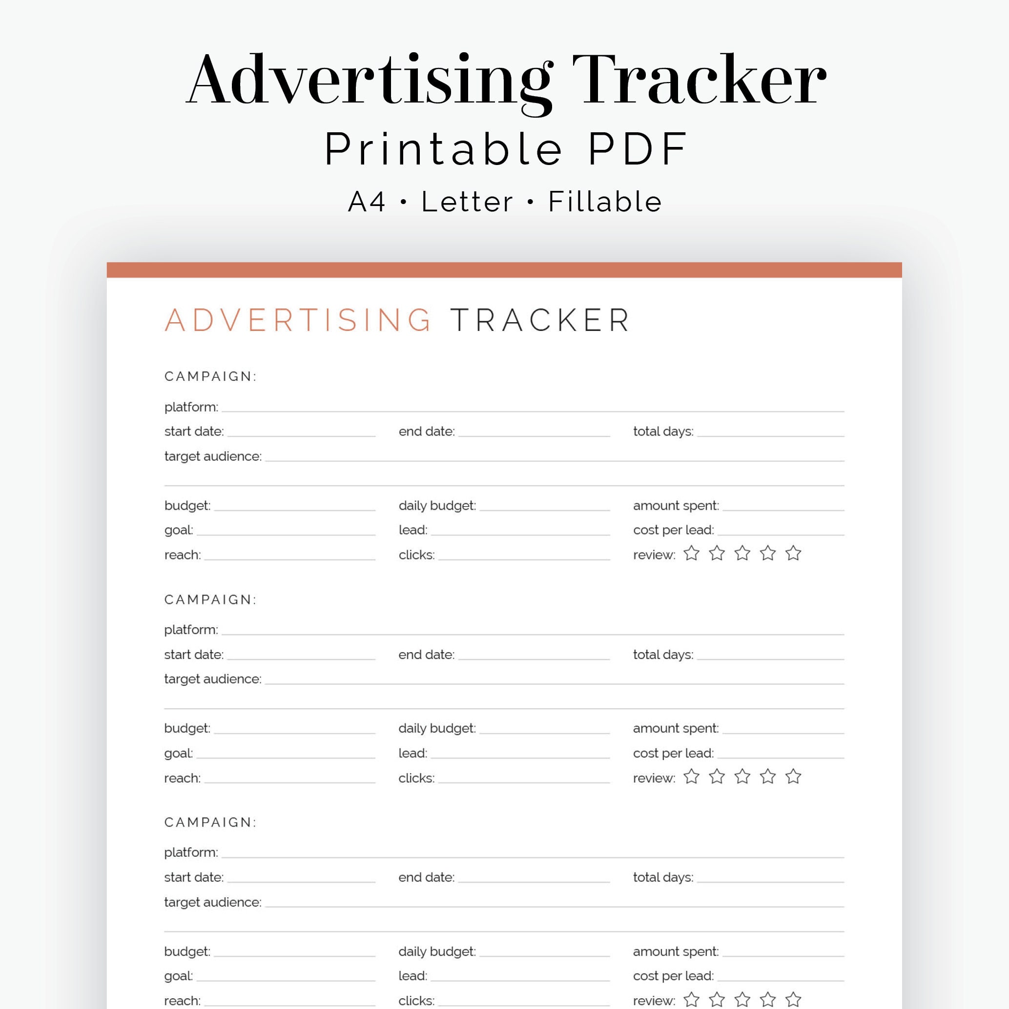 Advertising Tracker - Fillable - Printable PDF - Business Planner, Blog ...