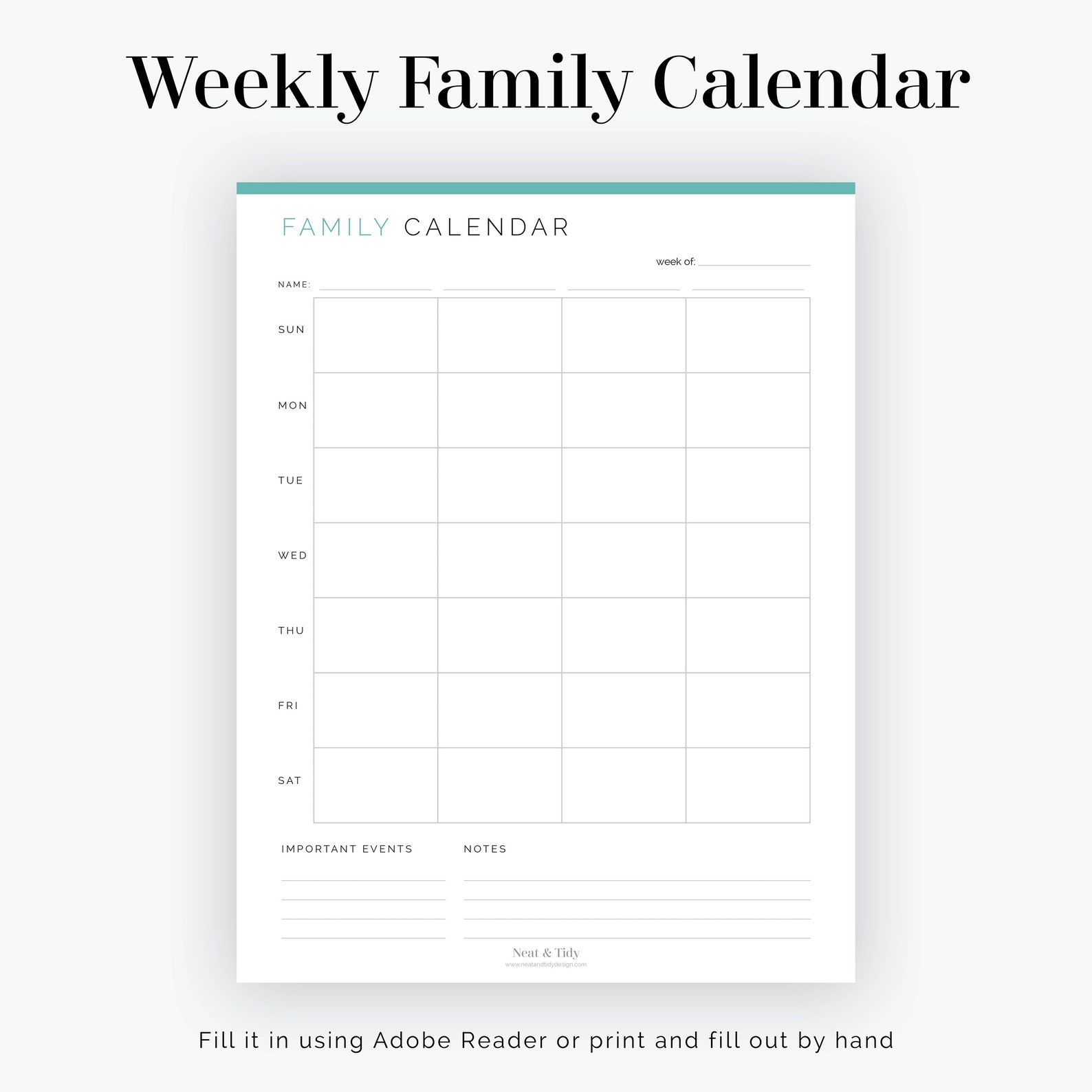 Weekly Family Calendar Fillable Printable PDF Time - Etsy