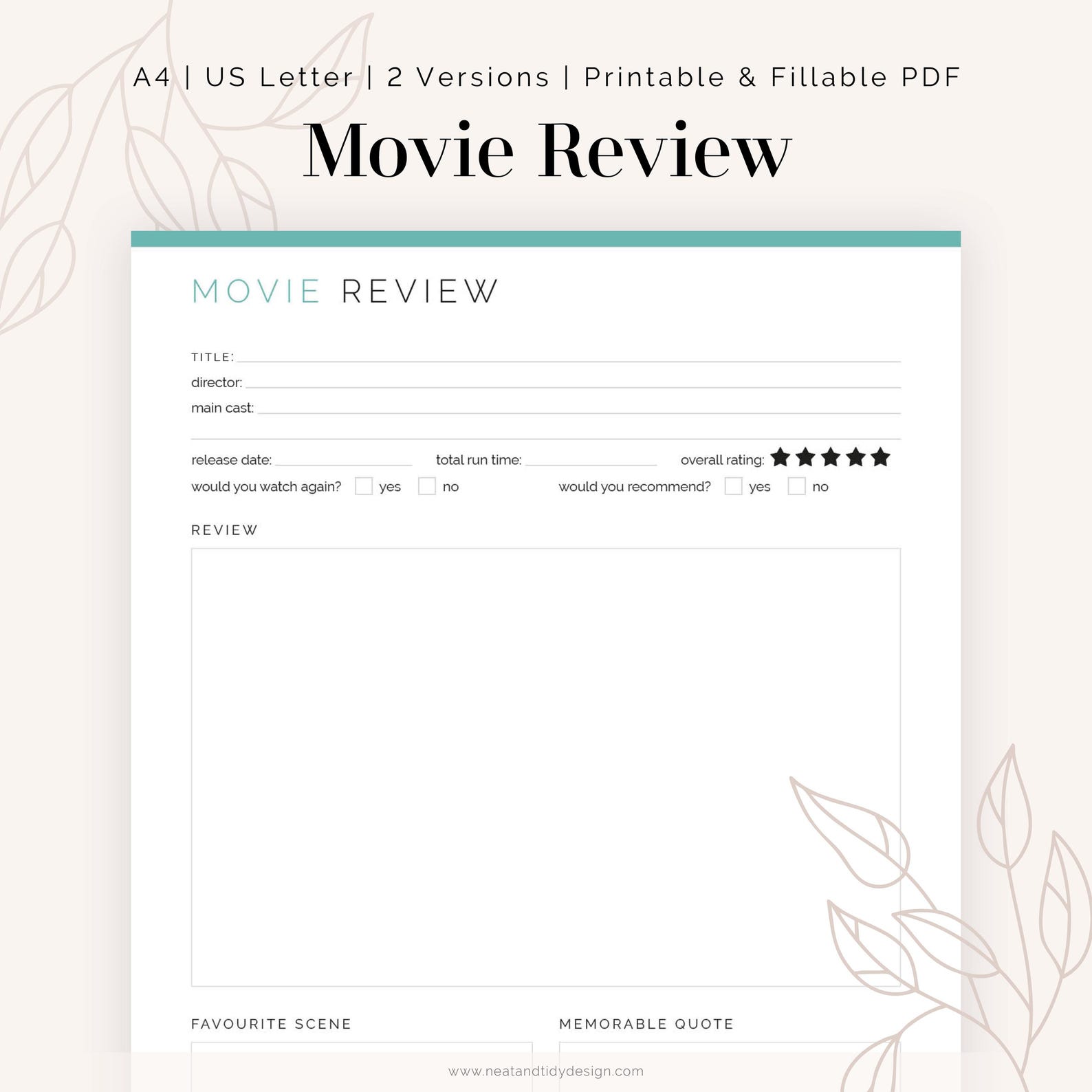Movie Review Template: Printable & Fillable Film Journal (PDF) - Etsy