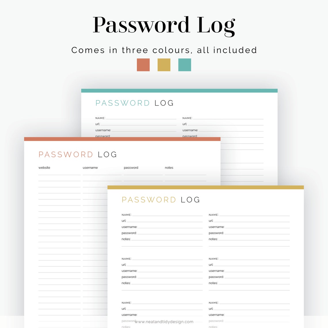 Password Log - 2 Layouts - Printable, Fillable PDF - Password Tracker ...