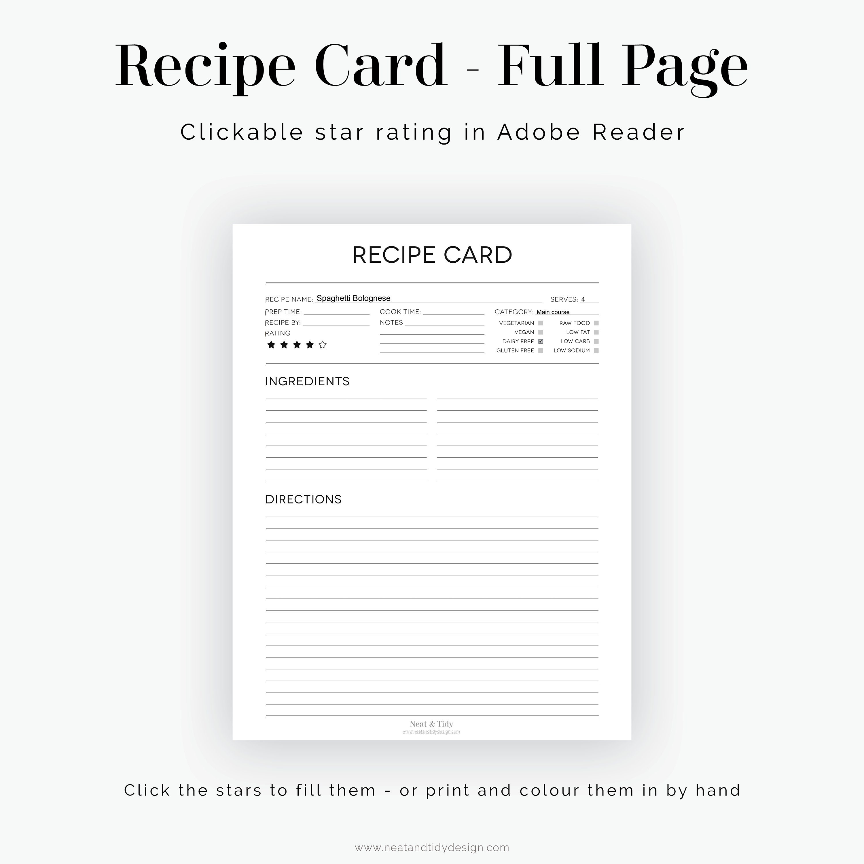 Recipe Card Full Page - Black & White - Fillable - Printable PDF ...