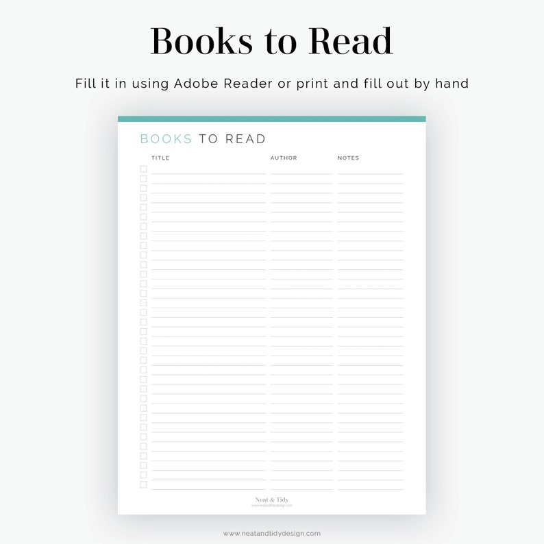 Books to Read List - Fillable - Printable PDF - Readers Kit, Book ...