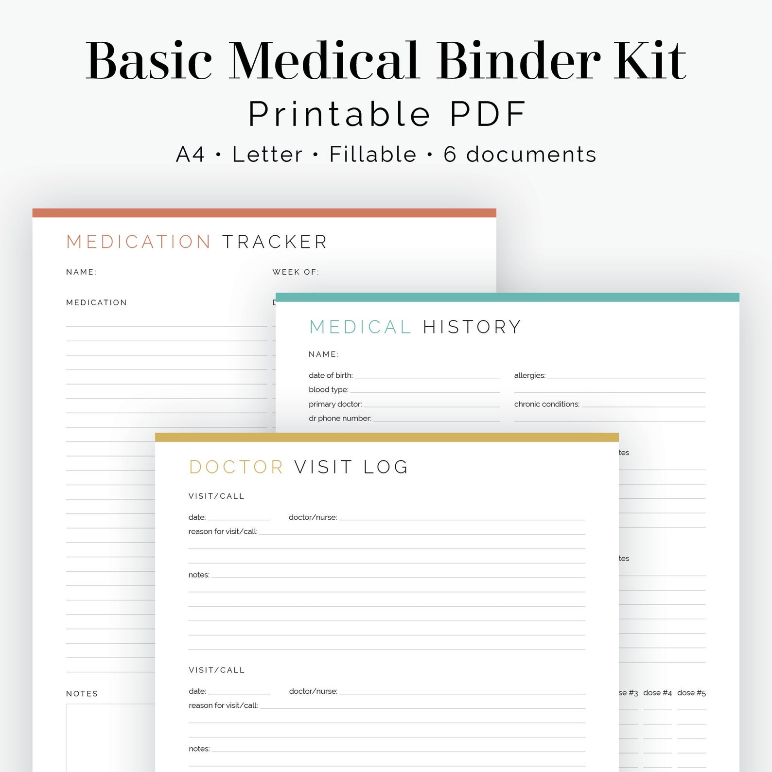 Basic Medical Binder Kit 6 Documents Fillable Printable - Etsy
