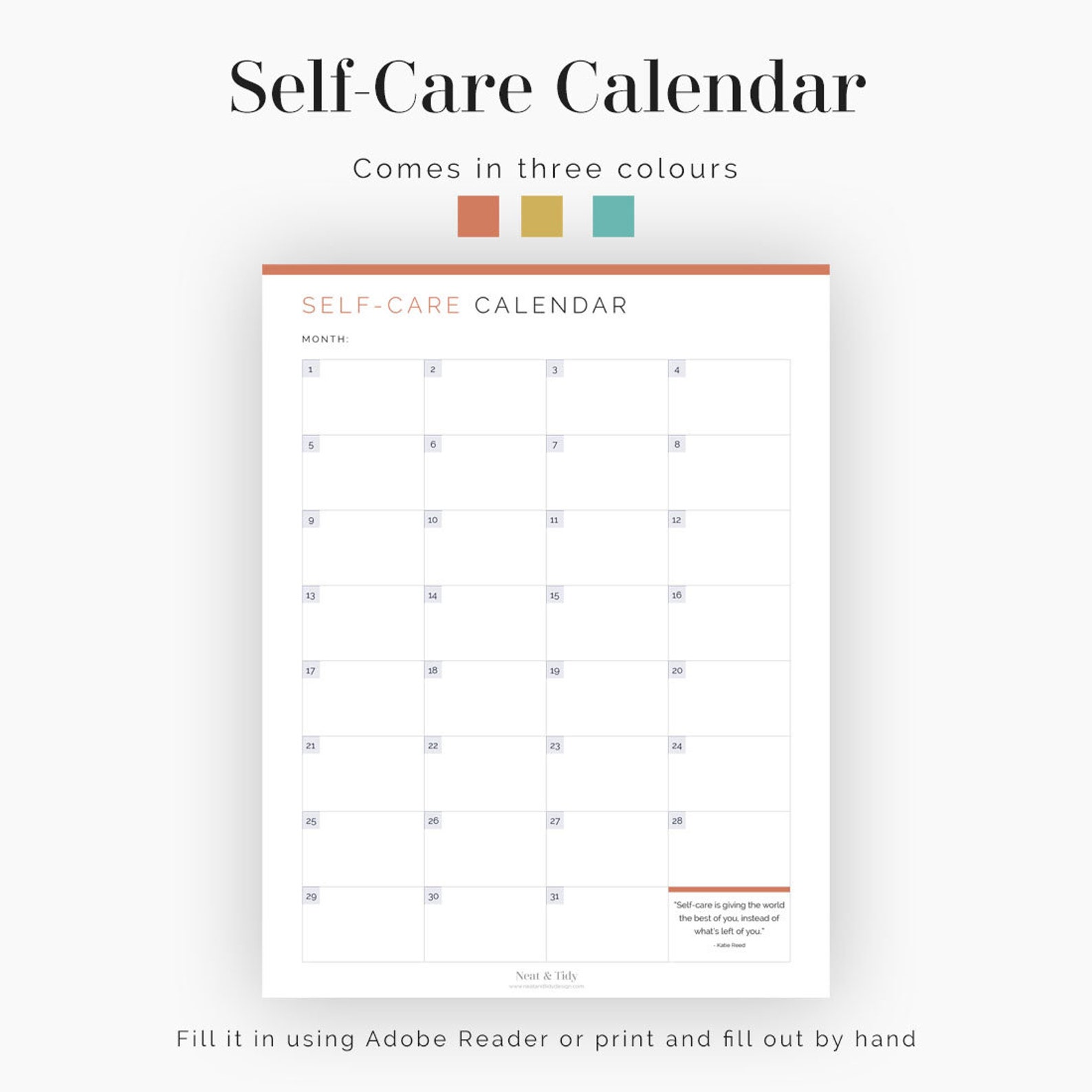 Self-care Calendar - Fillable - Printable PDF - Mental Health Printable ...