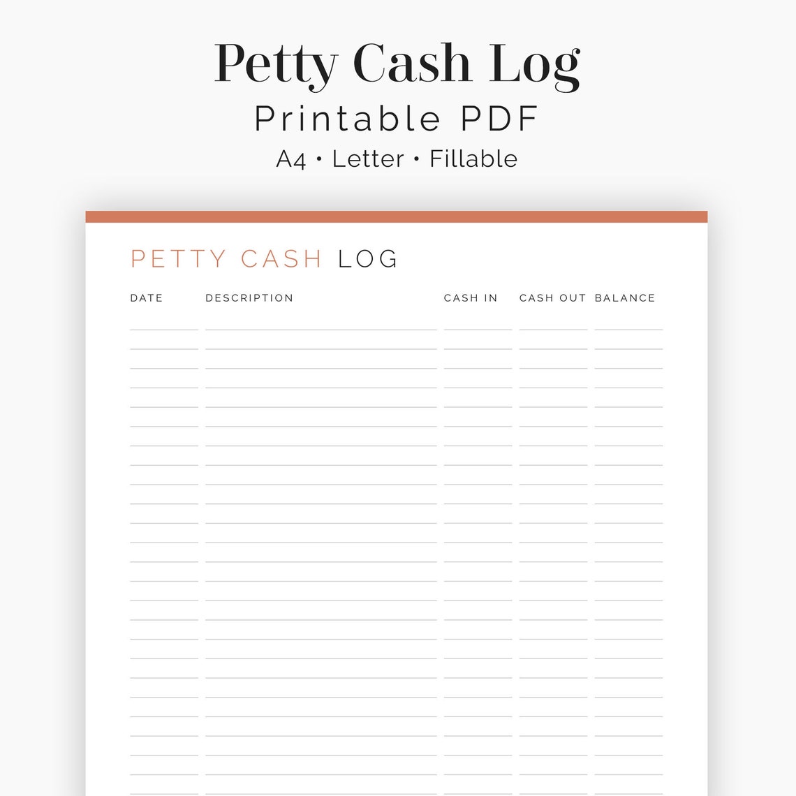 Petty Cash Log Fillable Business Planner Business Finances Printable