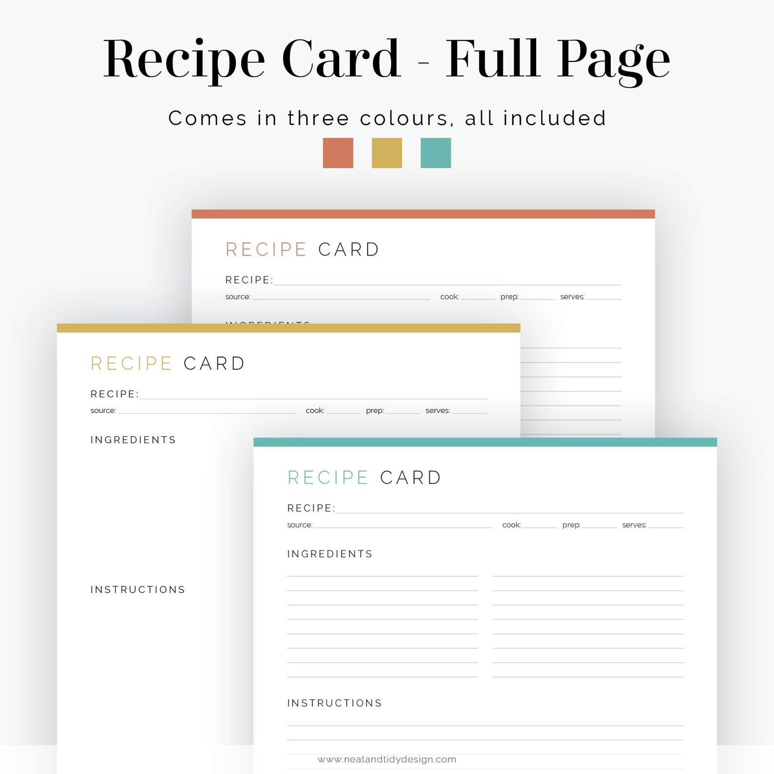 Recipe Card Full Page - Coral, Gold, Teal - Fillable - Printable PDF ...
