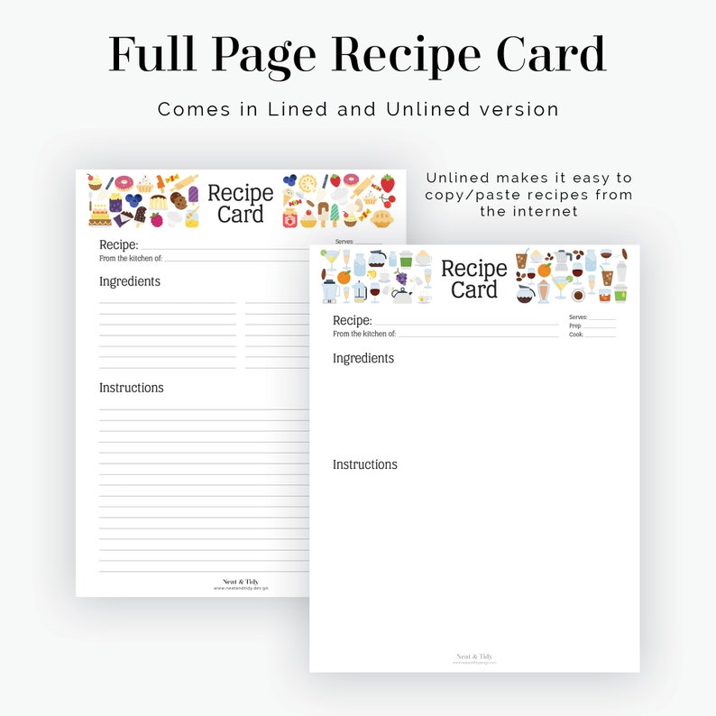Recipe Card Full Page - 5 Illustrated Headers, Cute Recipe Page ...