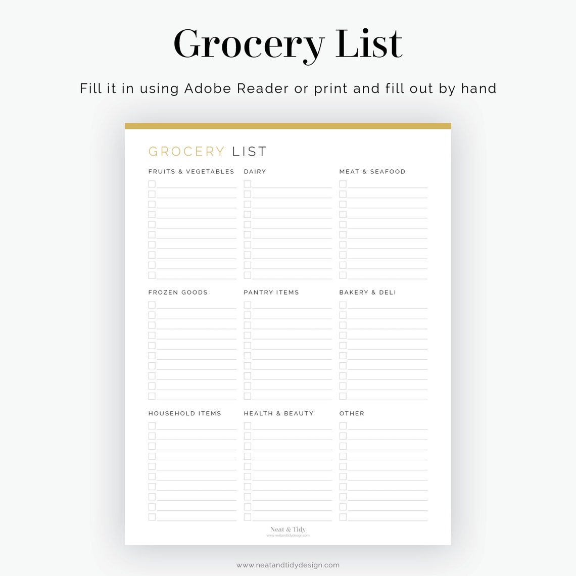 Grocery List With Categories - Printable PDF - Meal Planner, Shopping ...