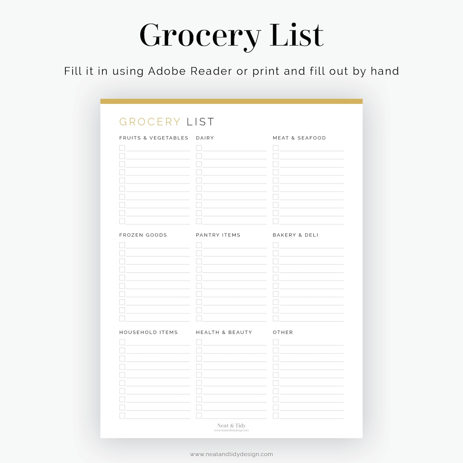Grocery List With Categories - Printable PDF - Meal Planner, Shopping ...