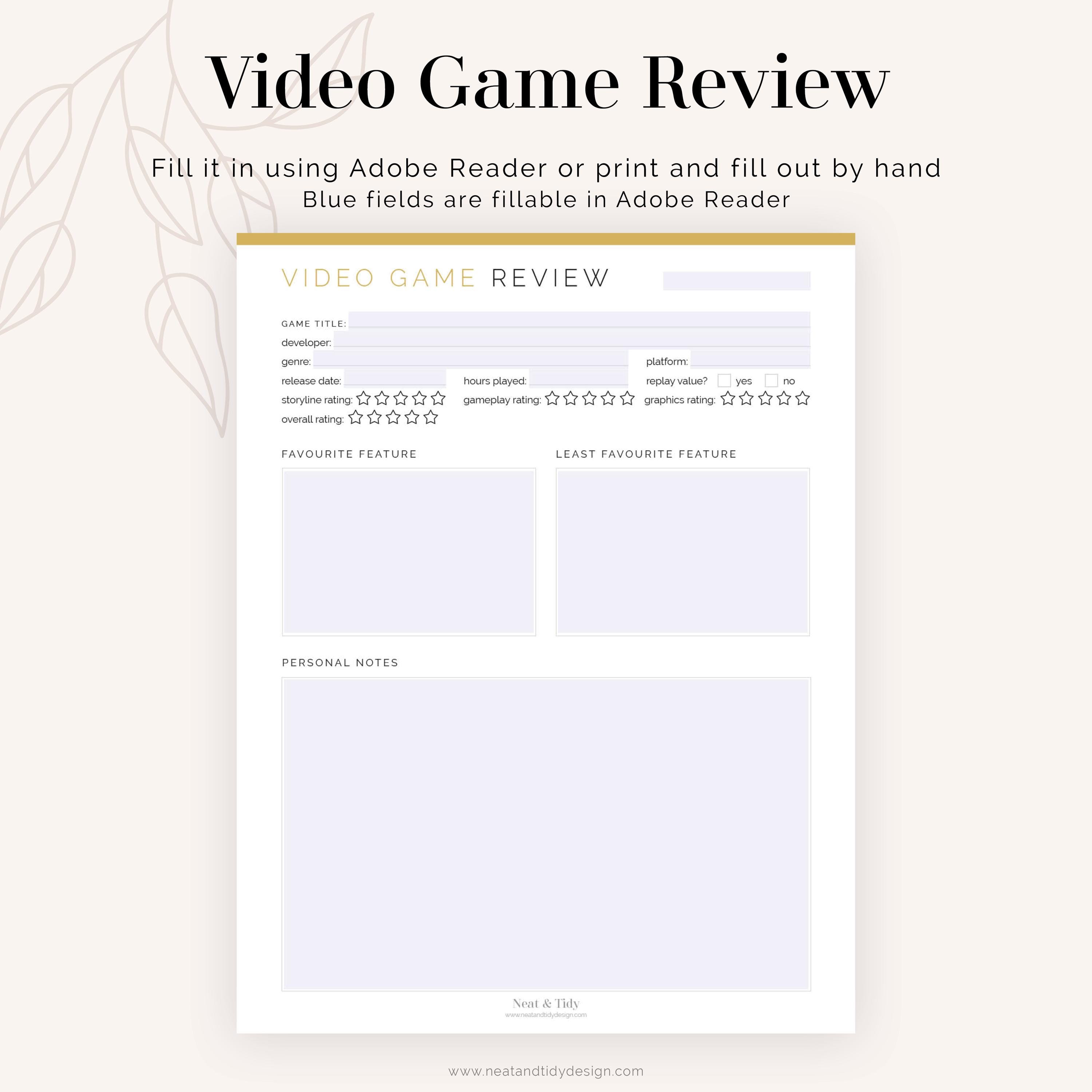 Video Game Review Template PDF | Printable Gaming Journal - Fillable ...