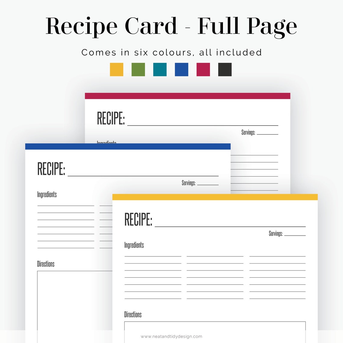 Recipe Card, Full Page Fillable Recipe Card, Letter and A4 Size Instant ...