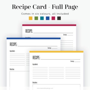 Recipe Card, Full Page - Fillable - Recipe Card, Letter and A4 Size ...