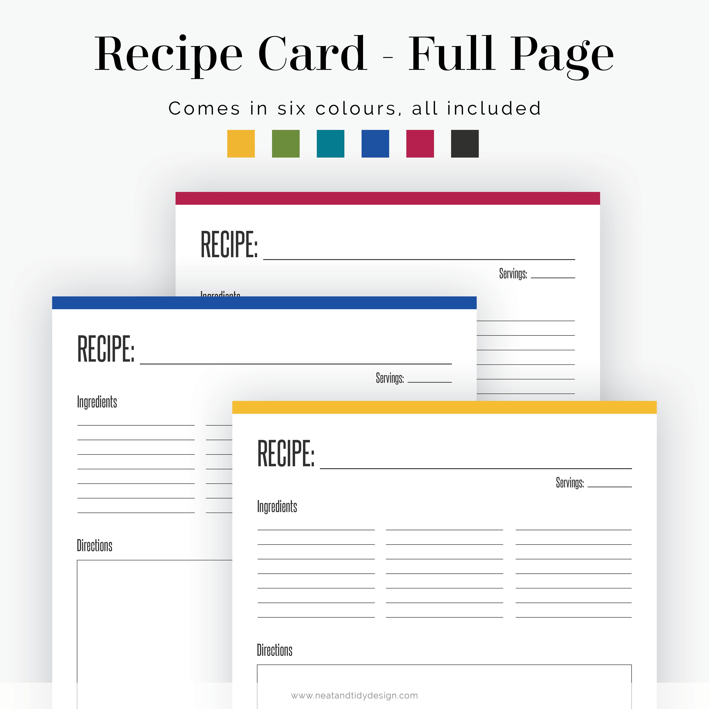 Recipe Card, Full Page - Fillable - Recipe Card, Letter and A4 Size ...
