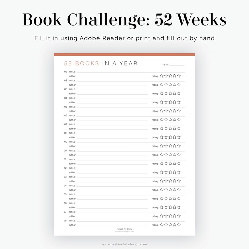 Reading Challenge: 52 Books in a Year Fillable Printable - Etsy