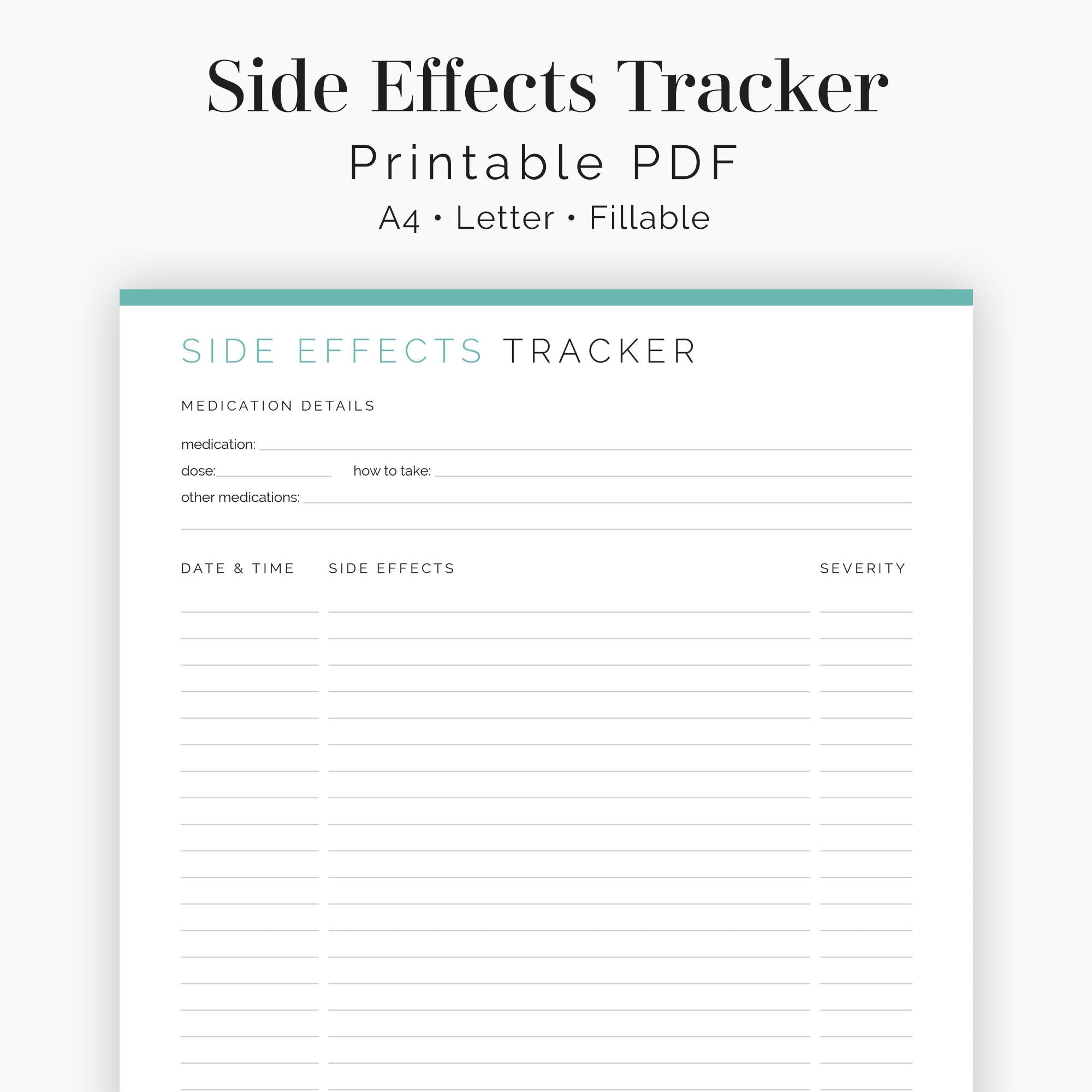Side Effects Tracker - Fillable - Treatment Planner, Healthcare Planner ...