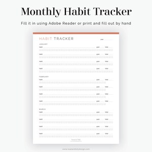 Monthly Habit Tracker - Fillable - Printable PDF - Goal Planner, Self ...