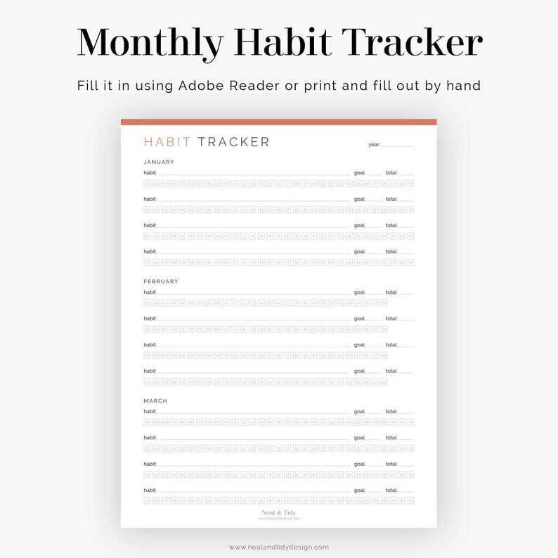 Monthly Habit Tracker Fillable Printable PDF Goal Planner, Self ...