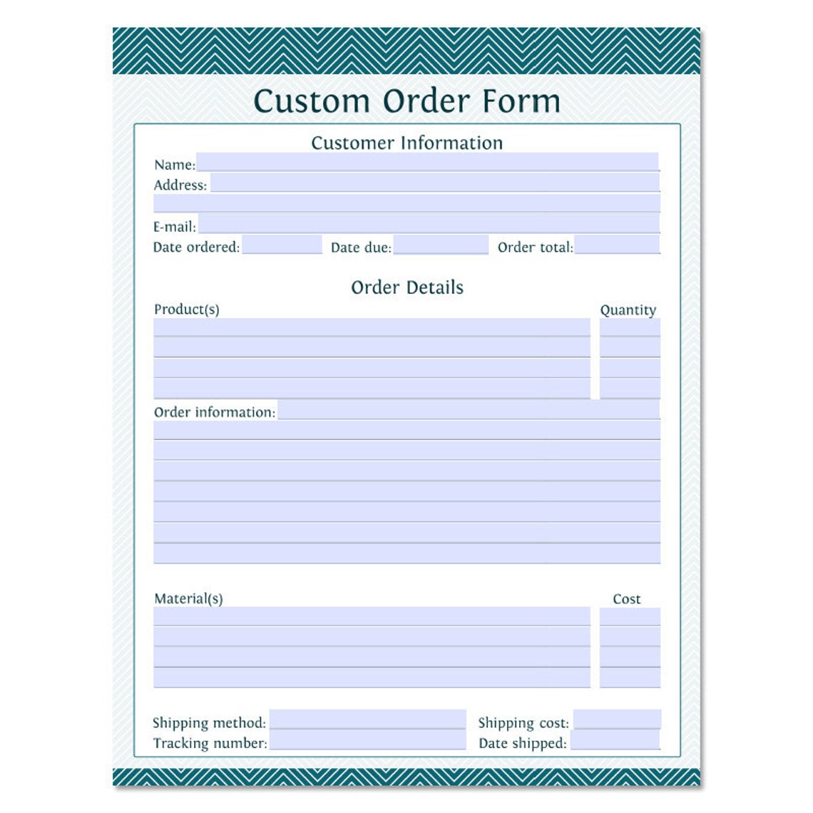 Custom Order Form - Fillable - Business Planner Chevron - Printable ...