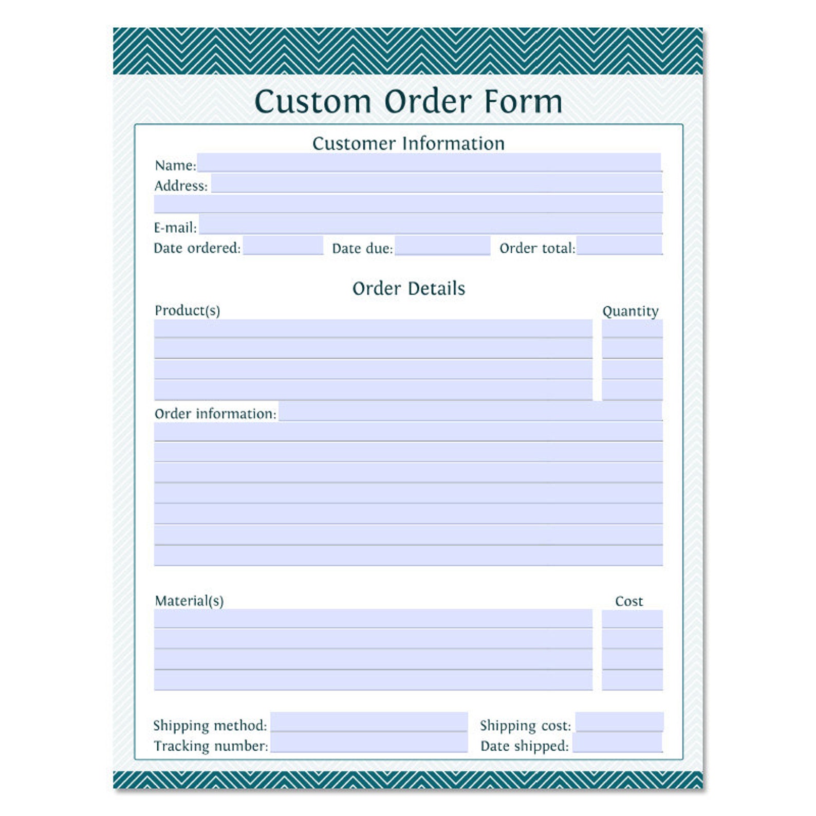 Custom Order Form - Fillable - Business Planner Chevron - Printable ...