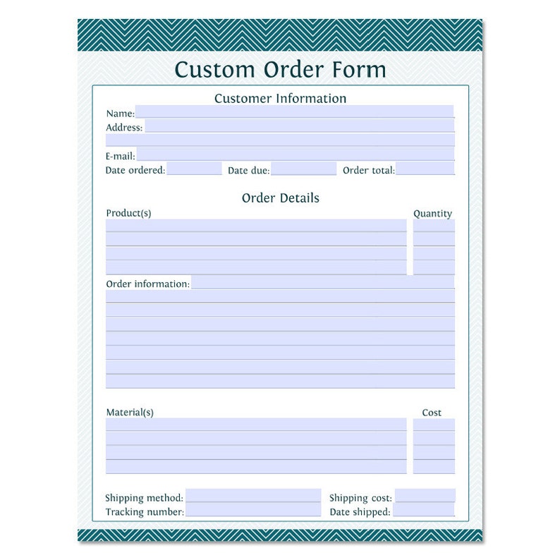 Custom Order Form - Fillable - Business Planner Chevron - Printable ...