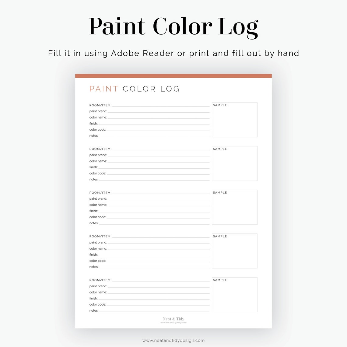 Paint Color Log Household Paint Colour Tracker Fillable - Etsy
