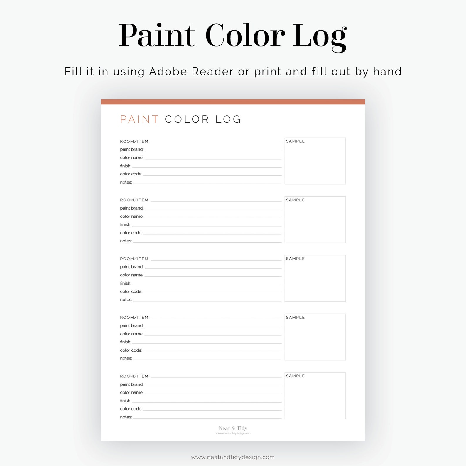 Paint Color Log - Household Paint Colour Tracker - Fillable - Printable ...