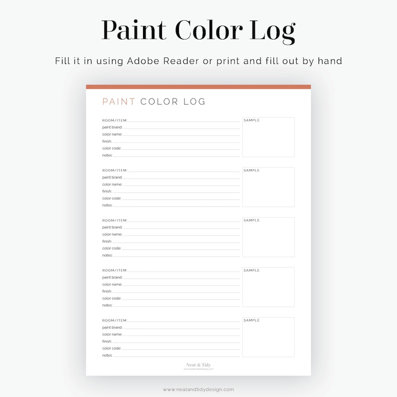 Paint Color Log - Household Paint Colour Tracker - Fillable - Printable ...
