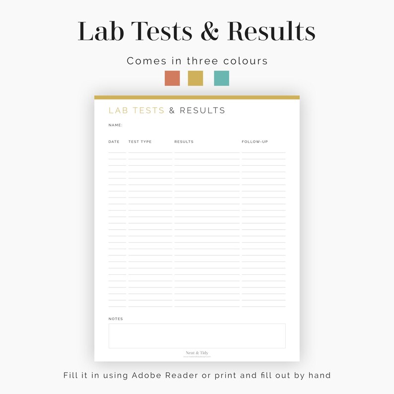 Lab Tests & Results - Fillable - 2 Layouts - Health and Medical Log ...
