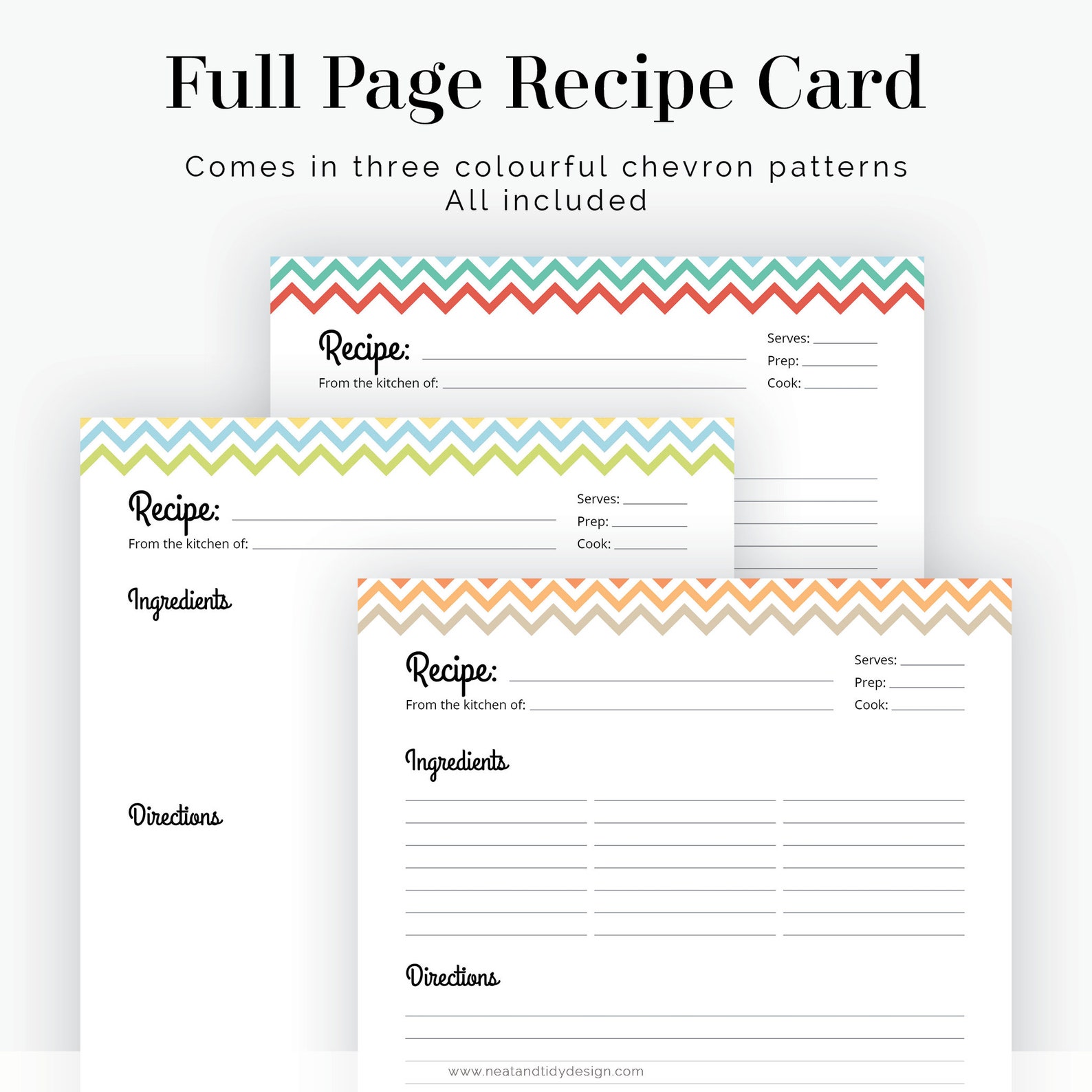 Recipe Card Full Page Colourful Chevron Fillable - Etsy Sweden
